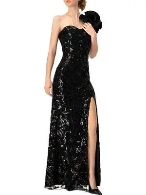 IVONNE One-shoulder Sequin Maxi Dress With Bow - Black