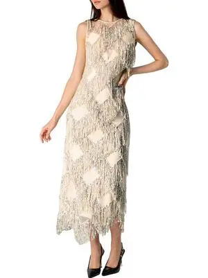 IVONNE Deco Shimmer Fringe Midi Dress - Silver