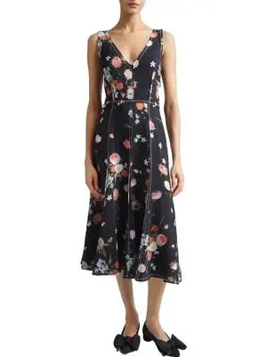 Erdem Floral Print Twill Fit & Flare Dress - Dutch Flower Painting Black