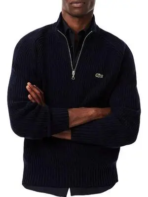 Lacoste Classic Fit Quarter Zip Wool Rib Sweater - Navy Blue