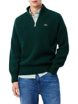 Lacoste Classic Fit Quarter Zip Wool Rib Sweater - Sinople
