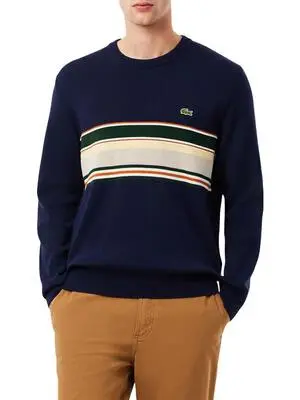 Lacoste Ottoman Stitch Stripe Cotton & Wool Sweater - 9il Navy Blue/sinople-lapland