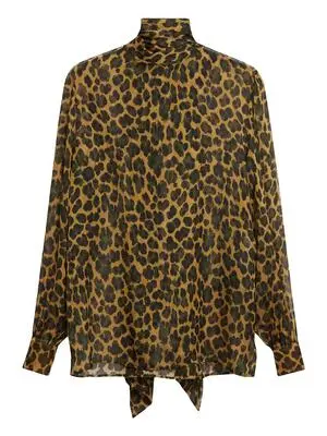 Saint Laurent Leopard Print Silk Top - Ocre/vert