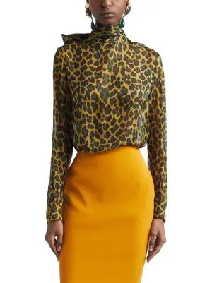 Saint Laurent Leopard Print Silk Top - Ocre/vert