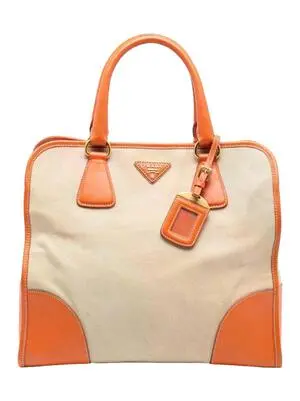 Prada Saffiano Trimmed Canapa Satchel - Brown
