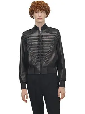 Alexander McQueen Frogging Embroidery Leather Bomber Jacket - Black