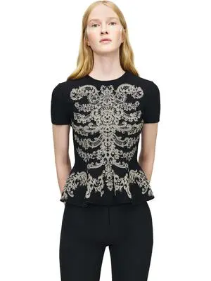 Alexander McQueen Lace Ribcage Jacquard Peplum Top - Black