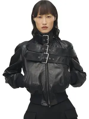 Alexander McQueen Belt Detail Leather Bomber Jacket - Black