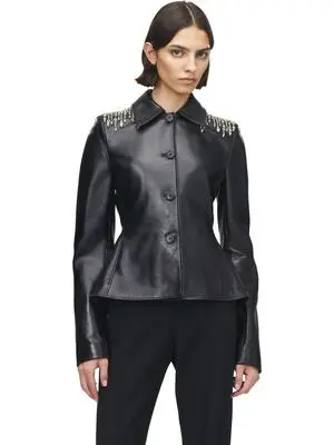 Alexander McQueen Crystal Embroidery Leather Peplum Jacket - Black