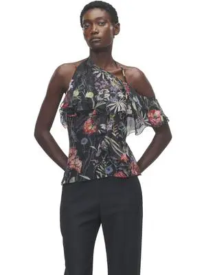 Alexander McQueen Meadow Floral Print Asymmetric Top - Black