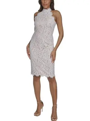 Eliza J Lace Halter Mock Neck Sheath Dress - Ivory/beige