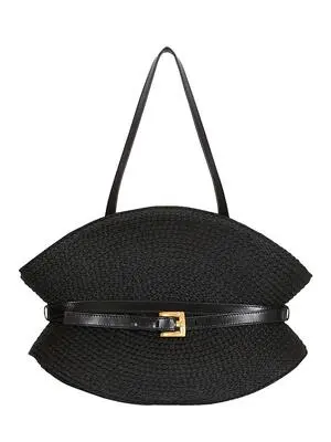 Balmain Shuffle Medium Bag In Calfskin Leather And Raffia - Black