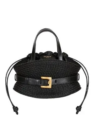 Balmain Shuffle Mini Bag In Calfskin And Raffia - Black