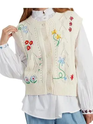 Chinti & Parker Cotton Floral Embroidered Vest - Cream