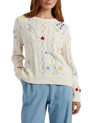 Chinti & Parker Cotton Floral Embroidered Sweater - Cream