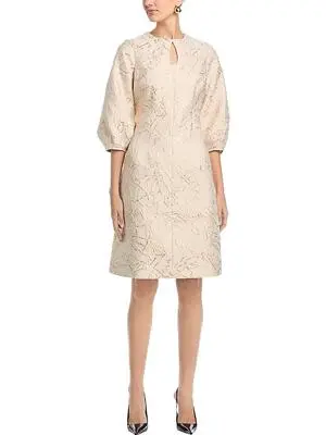 Rickie Freeman For Teri Jon Metallic Jacquard Three Quarter Sleeve Dress - Champagne