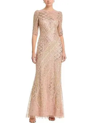 Rickie Freeman For Teri Jon Art Deco Beaded Tulle Gown - Blush Multi