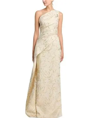 Rickie Freeman For Teri Jon Metallic Jacquard One Shoulder Gown - Champagne Multi