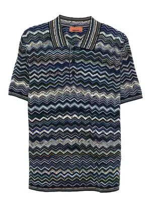 Missoni Cotton Knit Polo Shirt With Chevron Pattern - Blue