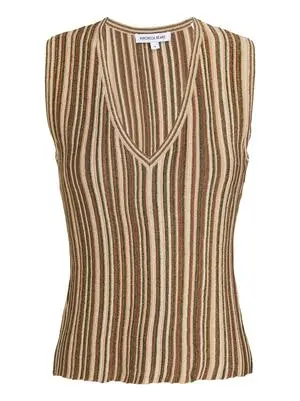 Veronica Beard Sid Metallic Striped Ribbed-knit Top - Beige