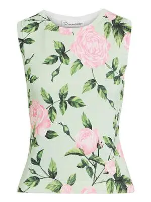 Oscar De La Renta Floral Print Cotton-blend Top - Light Green