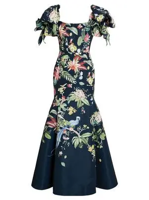 Oscar De La Renta Bow-detailed Floral-print Faille Gown - Midnight Blue