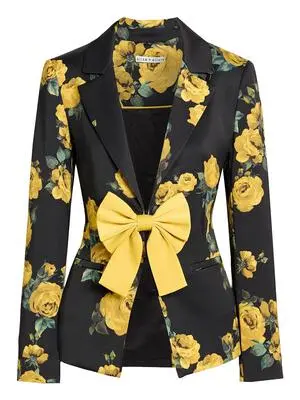 Alice + Olivia Floral-print Satin Blazer With Bow Detail - Black