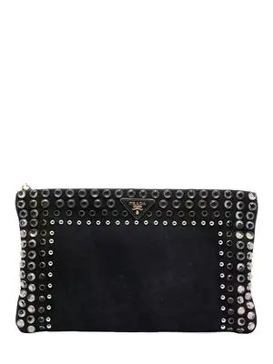 Prada 2000-2013 Canvas Canapa Studded Vernice Clutch Bag - Black