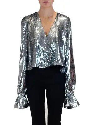 Azeeza Thistle Sequin Blouse - Silver Sequin