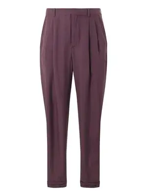 Saint Laurent Tapered Belted Pleated Silk Trousers - Purple