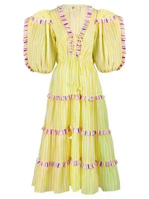Celiab Striped Ruffled-detail Midi Dress - Yellow