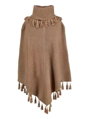 Vintage Nadini High Neck Fringe Wool Poncho - Brown