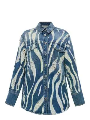Blumarine Distressed Animal Print Cotton Shirt - Blue