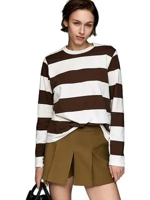 Clare V. Long-sleeve Crew-neck Shirt Top - Cream Pinecone Rugby Stripe
