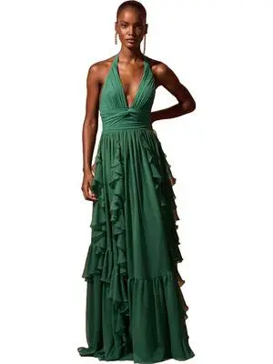 PatBO Silk Plisse Essence Plunge Halterneck Gown - Green