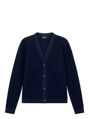 Giorgio Armani Virgin Wool Blend Tuck Stitch Cardigan - Navy