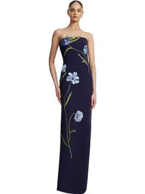 Lela Rose Floral Cord Embroidered Strapless Gown - Blue