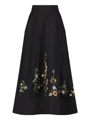 Lela Rose Floral Embroidered Cotton Poplin Skirt - Black