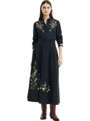 Lela Rose Floral Embroidered Cotton Poplin Skirt - Black