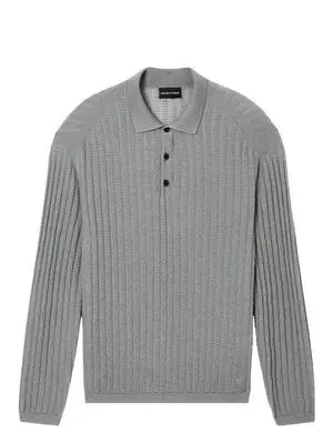 Emporio Armani Sweater Polo Collar Wool And Lyocell Blend Patterned Stitch - Natural