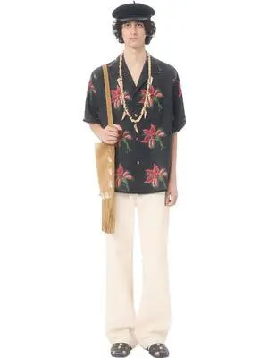 Valentino Garavani Linen Bowling Shirt With Floral Print - Black