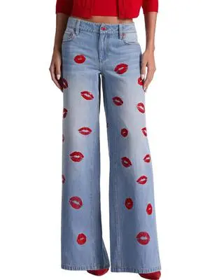 Alice + Olivia Printed Low Rise Wide Leg Jeans - Blue