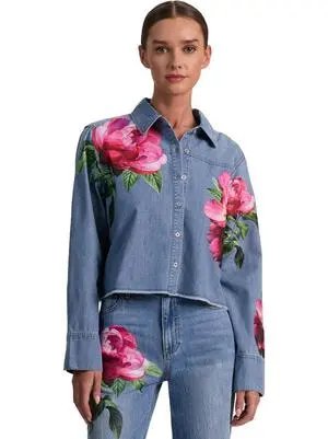 Alice + Olivia Floral Printed Denim Button Down Shirt - Blue