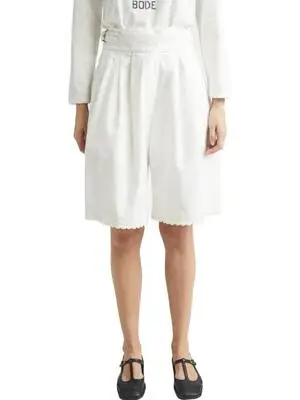 BODE Closerie Embroidered Pleated Cotton Shorts - Ecru