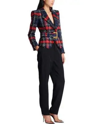 Balmain Belted Plaid Tweed Jacket - Red