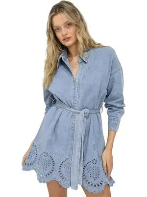 BELLE & BLOOM Sunday Somewhere Denim Broderie Mini Shirt Dress - Blue