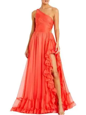 Mac Duggal One-shoulder Asymmetrical Ruffle Chiffon Gown - Tangerine