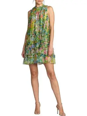 Mac Duggal Printed Mesh Mini Dress - Green Multi