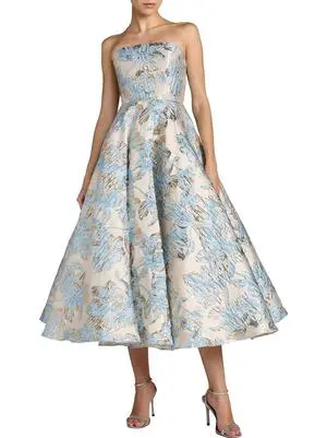 Mac Duggal Strapless Brocade A-line Midi Dress - Powder Blue