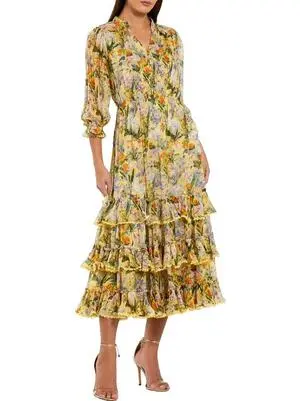 Mac Duggal Floral V-neck Ruffle Midi Dress - Yellow Multi